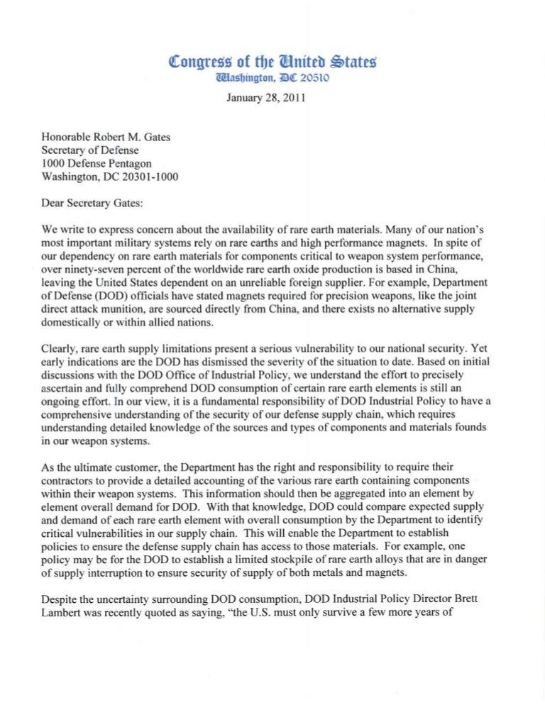 Letter to Congress of the United States: Rare Earth Elements