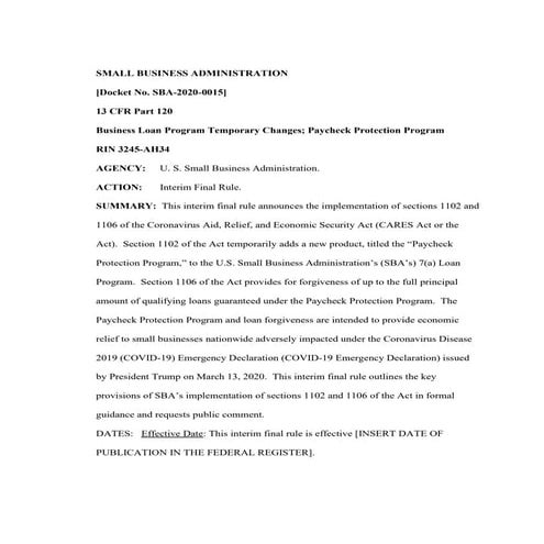 PPP. Interim Final Rules (IFR) from SBA | PDF