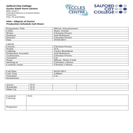 Task03 production call sheet | DOC