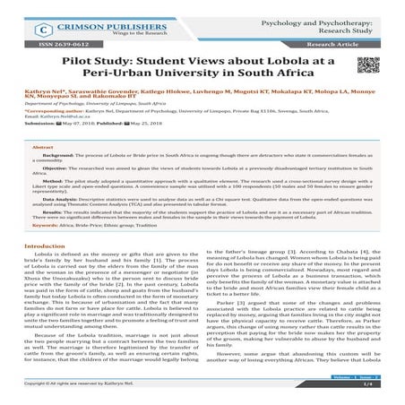 Pilot Study: Student Views about Lobola at a Peri-Urban University in ...