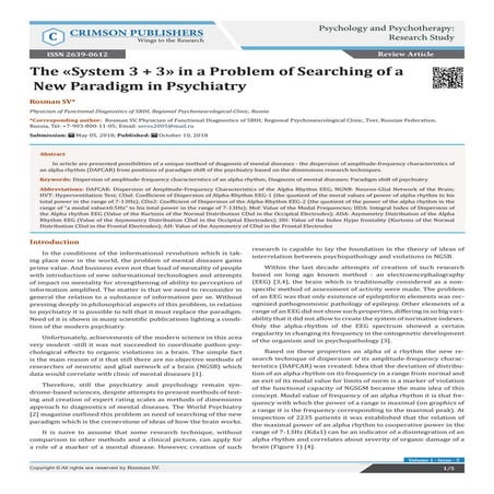 The «System 3 + 3» in a Problem of Searching of a New Paradigm in Psychiatry_Crimson Publishers ...
