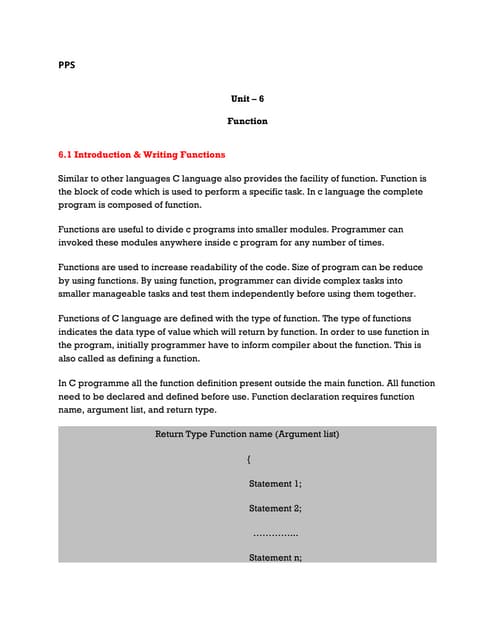 Pps 6 6 Function Introduction And Writing Functions Scope Of Variables Functions Pdf
