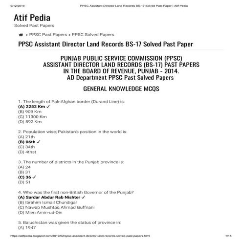 Ppsc assistant director land records bs 17 solved past paper atif pedia | PDF