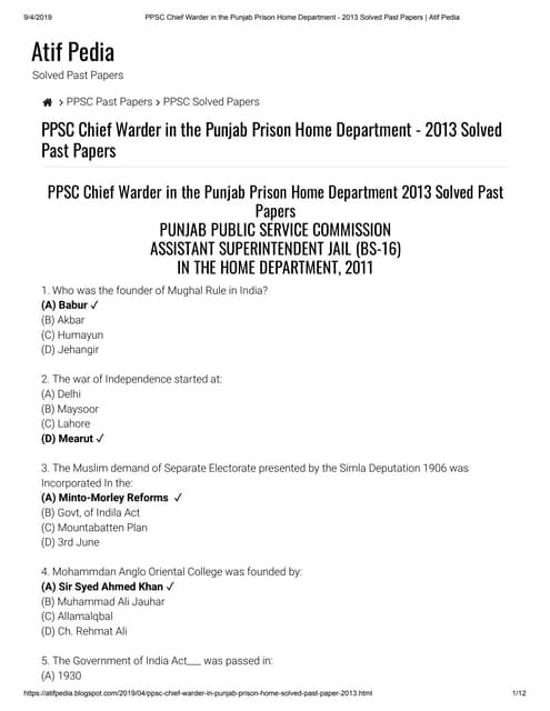 Ppsc assistant director in ib solved past papers 2013 atif pedia | PDF