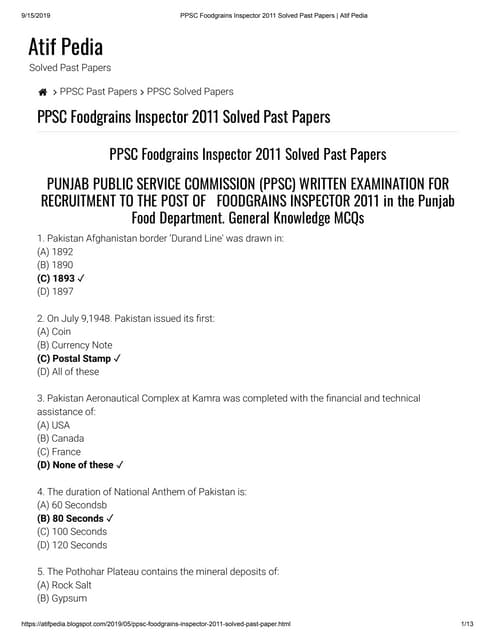 Ppsc foodgrains inspector 2011 solved past papers atif pedia | PDF Ppsc foodgrains inspector 2011 solved past papers atif pedia | PDF
