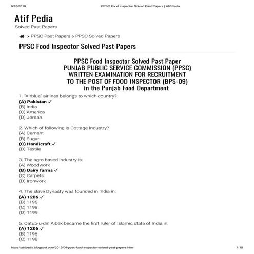 Ppsc food inspector solved past papers atif pedia | PDF