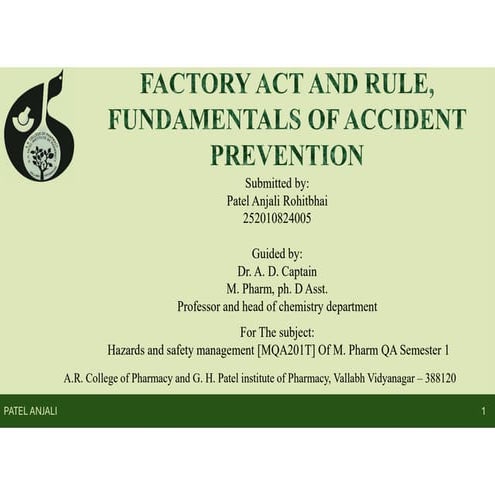 Factory Act and Rules, Fundamentals of Accident Prevention, Elements of ...