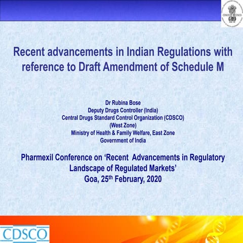 PPT - CDSCO Recent Advancements_IndianDrugRegulations Draft_ScheduleM ...
