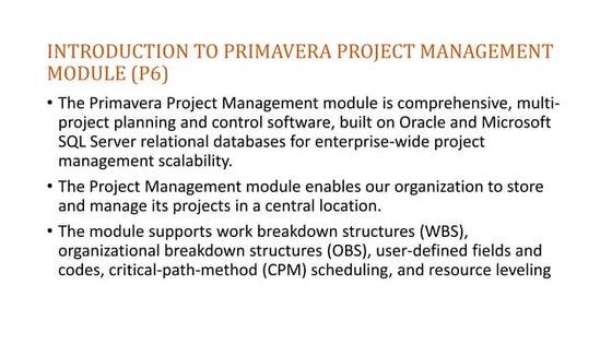 Introduction To Primavera (P6) | PPTX | Computer Software and Applications | Computing
