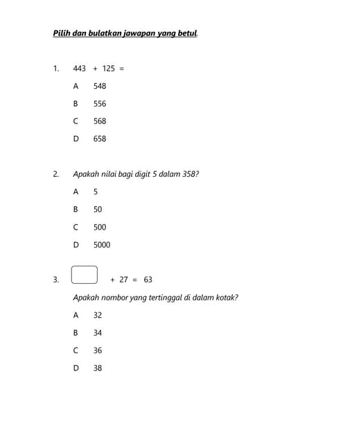 Ujian Matematik Tahun 3 Kertas 1 | PDF