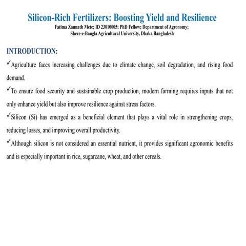 Silicon Rich Fertilizers: Boosting Yield and Resilience | PPTX