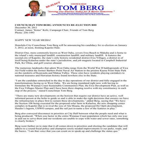 Tom Berg Re-election Announcement | DOCX