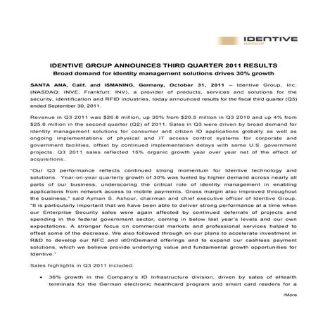 Identive | Investor Relations | Identive Group Announces Third Quarter 2011 Results | PDF