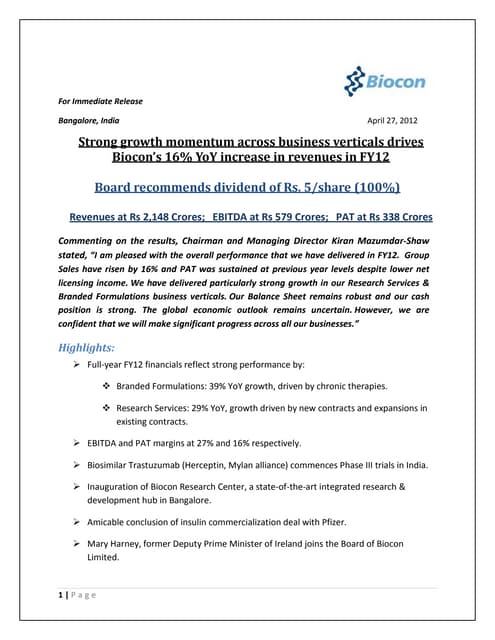 The Structural Evolution of Biocon | PPT