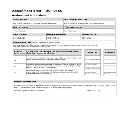 Pr1 assignment front sheet | DOC