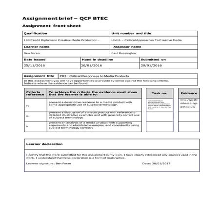 Pr3 assignment front sheet | PDF