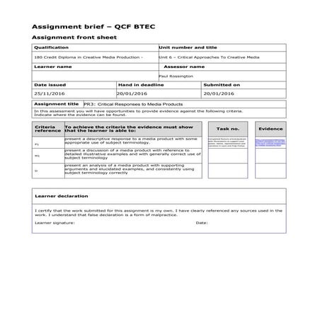 Pr1 assignment front sheet | DOC