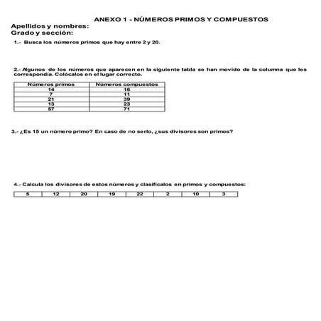 Hoja De Trabajo De Números Primos Y Compuestos Con Respuestas GUÍA