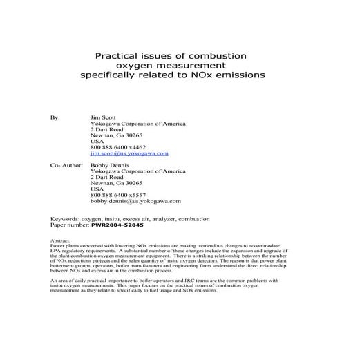 Practical Issues Of Combustion Oxygen Measurement Specifically Related