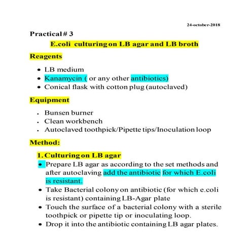 E.coli culturing on LB agar and LB broth (Practical) | DOCX