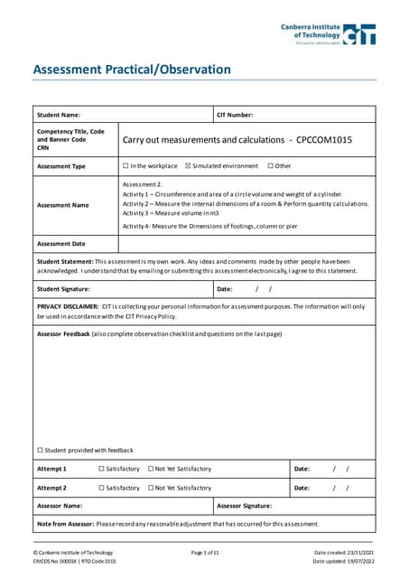 Practical Assessment-measurments and calculations | PDF