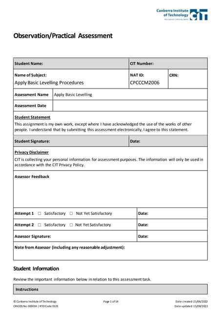 Practical assessment 1-Carry out levelling operations | PDF