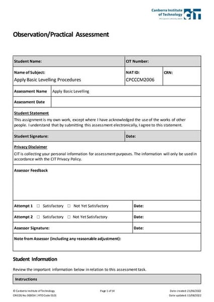 Practical Assessment - Apply Basic Levelling Procedures Practical Assessment - Apply Basic Levelling Procedures