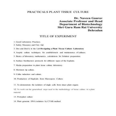 Practicals plant tissue culture | DOCX