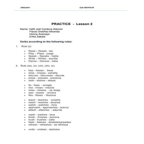 PRACTICE - lesson 2. VERBOS ACCORDING TO THE FOLLOWING RULES | DOCX