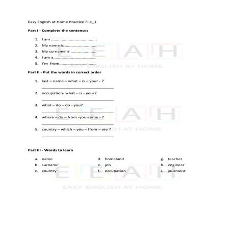 Easy English at Home Practice file 1 | PDF