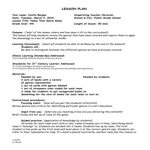 Practicum Genre Lesson Plan | DOC