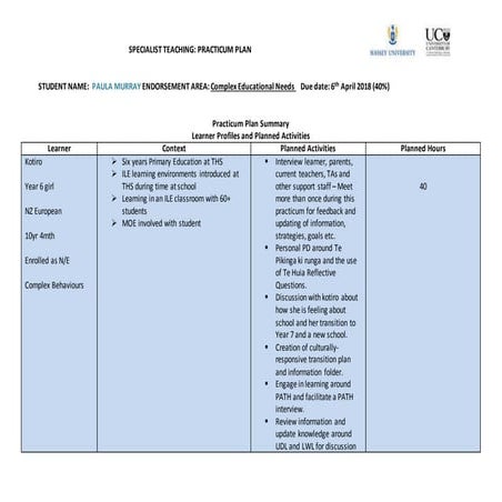 Practicum Plan Before Formative Feedback | DOCX