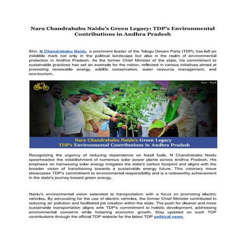 Nara Chandrababu Naidu's Green Legacy: TDP's Environmental Contributions in Andhra Pradesh | PDF