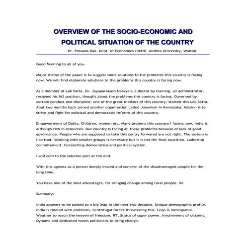Prasada rao lecture SOCIO-ECONOMIC AND POLITICAL SITUATION | DOC