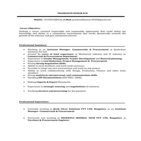 Prashanth Kumar B M 3 Yrs Exp In Procurement Pdf