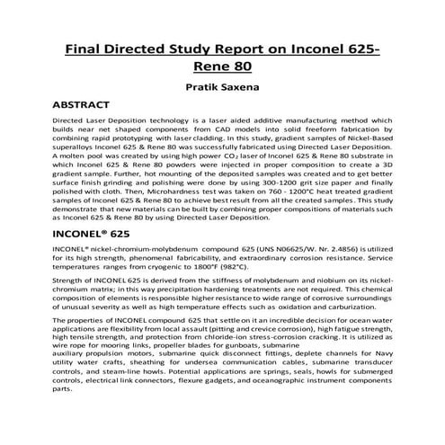 Laser Metal Deposition of Inconel 625 & Rene 80 | DOCX