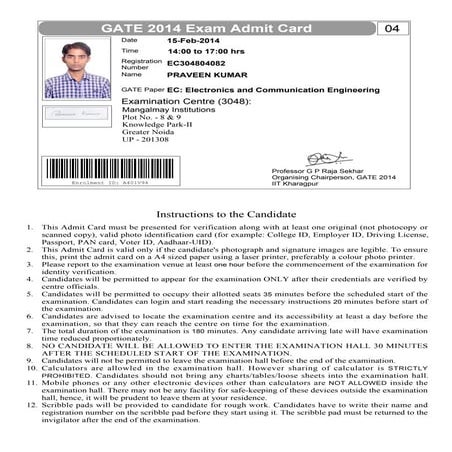 Praveen admit card of gate 2014 | PDF