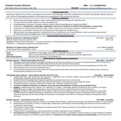 Experienced cae (FEA) Engineer Resume | DOCX