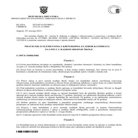 Pravilnik o elementima i kriterijima za upis u 1. razred srednje škole | PDF