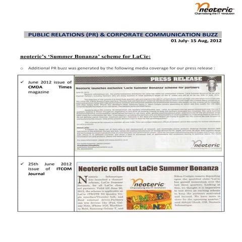 PR Coverage: 01 July - 15 August, 2012 | PDF