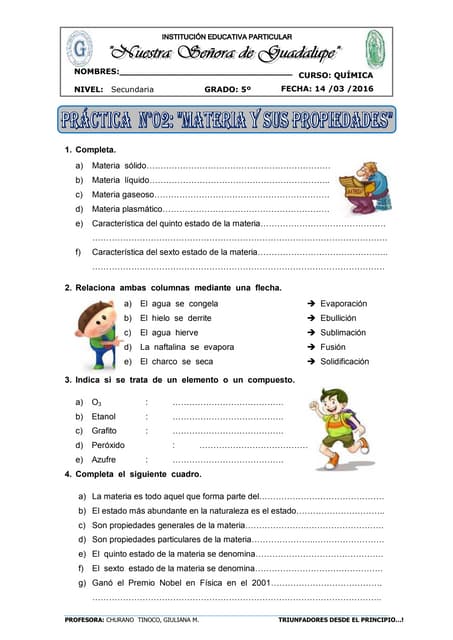 Hoja De Trabajo Sobre Las Propiedades De La Materia, Quinto Grado
