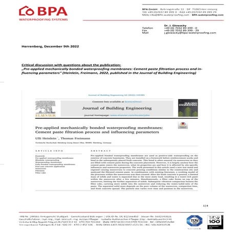 Pre-applied mechanically bonded waterproofing membranes - Cement paste filtration process and ...