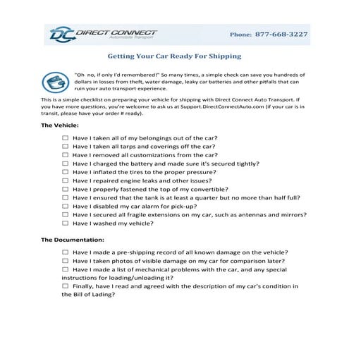 Auto Transport Safety Tips & Pre-Pickup Checklist | PDF