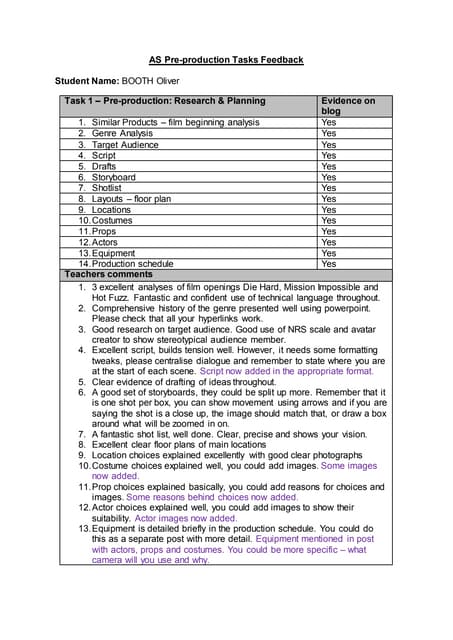 Aaron cork as pre production tasks feedback sheet | PDF