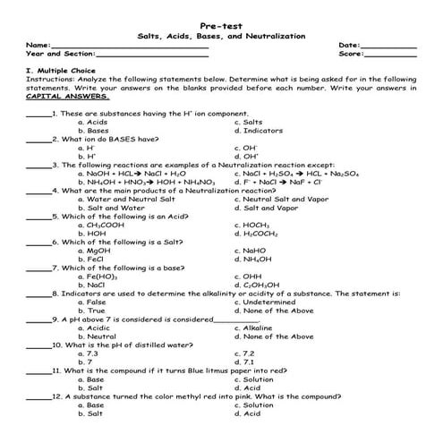 Characteristic properties of acids & bases (multiple choice) QP | PDF