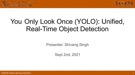 You only look once (YOLO) : unified real time object detection | PPT