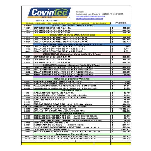 PRECIOS PRODUCTOS COVINTEC 2014 | PDF