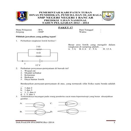 Naskah Soal Prediksi Ujian Nasional IPA SMP 2014 pakett 17 | PDF
