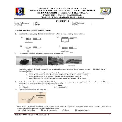 Naskah Soal Prediksi Ujian Nasional IPA SMP 2014 paket 19 | PDF