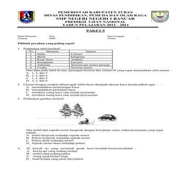 Naskah Soal Prediksi Ujian Nasional IPA SMP Tahun 2014 paket 9 | PDF